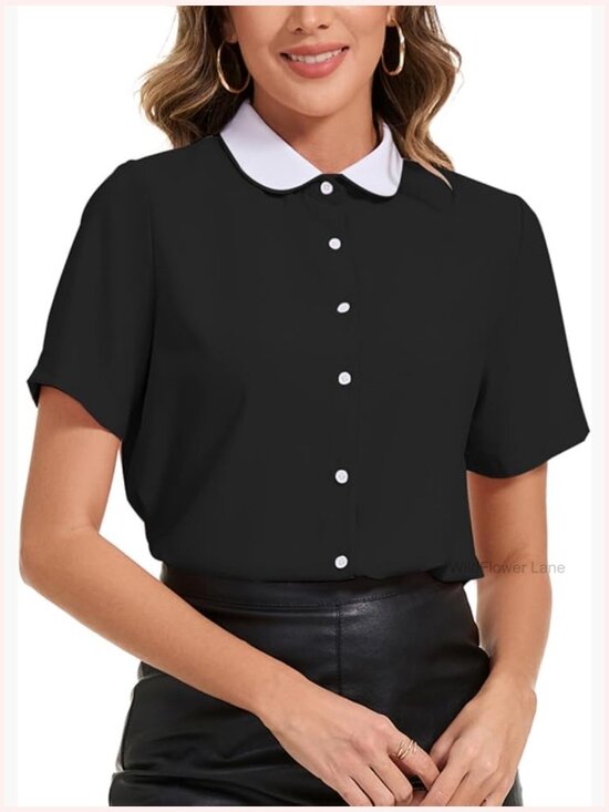 Tops | Vintage Peter Pan Collar Short Sleeve Button Down Blouse Top ...